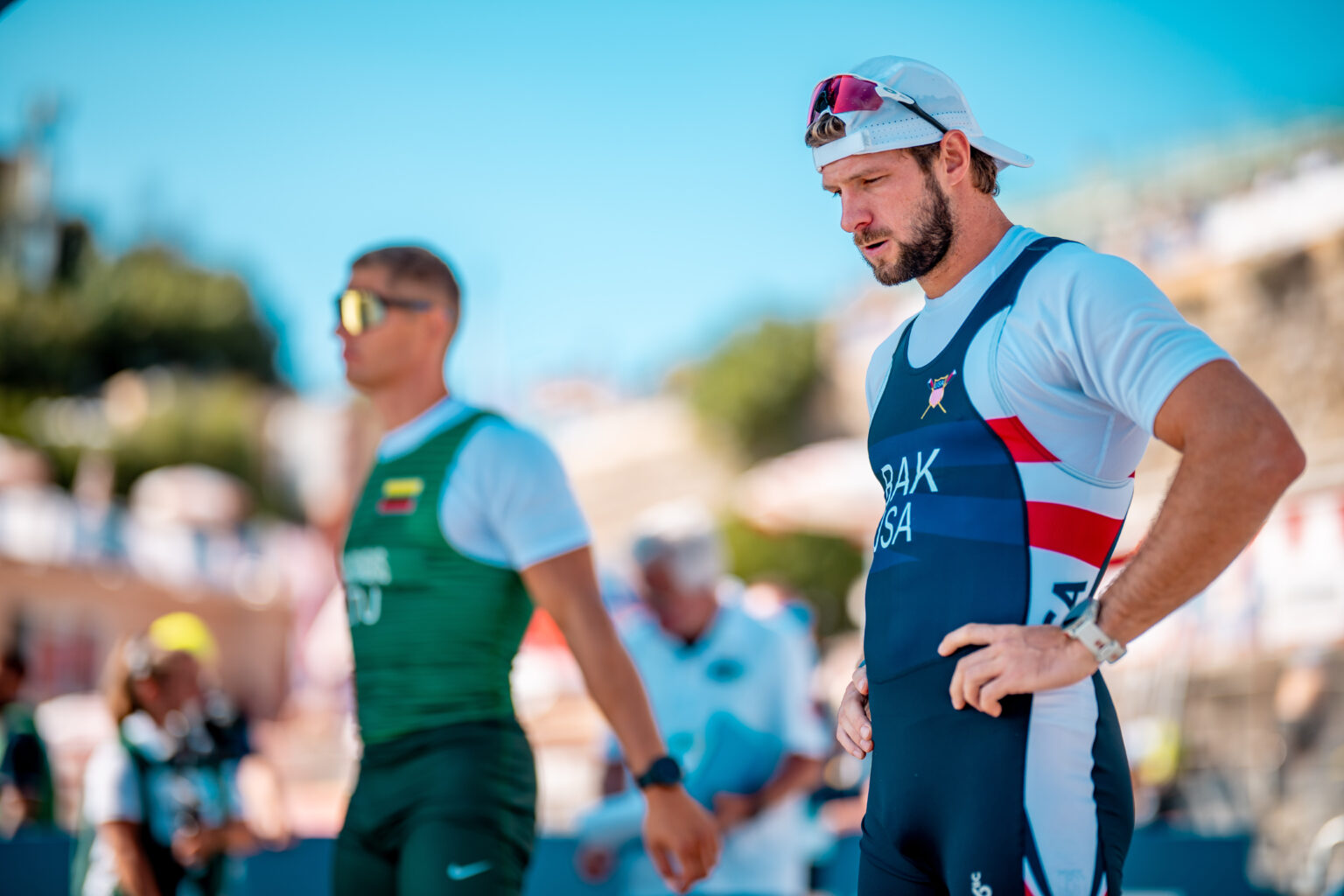 Chris Bak reacts to his Knockout race at the 2024 World Rowing Beach ...